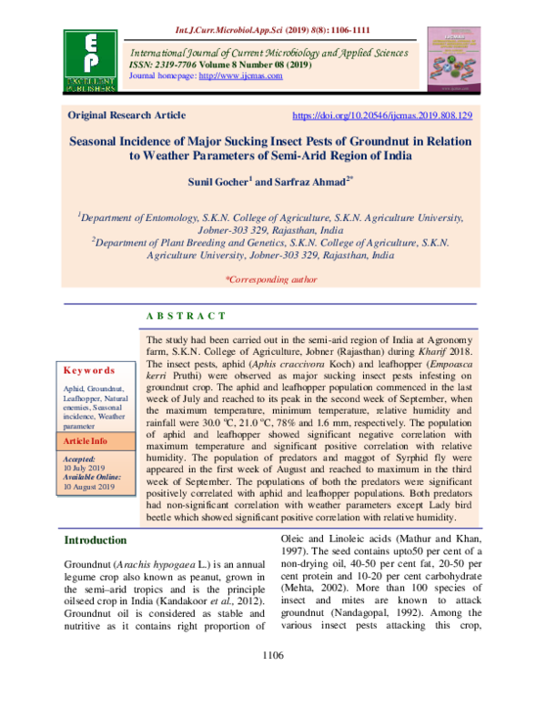 Pdf Seasonal Incidence Of Major Sucking Insect Pests Of Groundnut In Relation To Weather