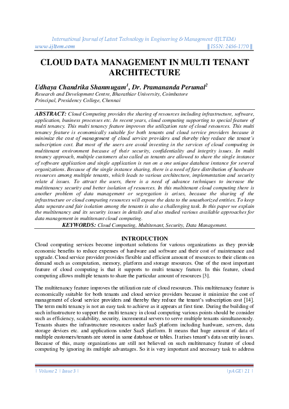 (PDF) CLOUD DATA MANAGEMENT IN MULTI TENANT ARCHITECTURE