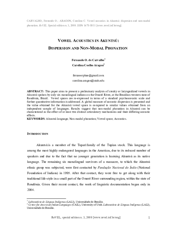 (PDF) Vowel acoustics in Akuntsú: Dispersion and non-modal phonation.