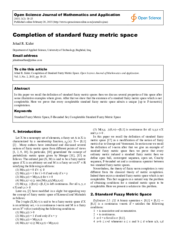 Pdf Completion Of Standard Fuzzy Metric Space