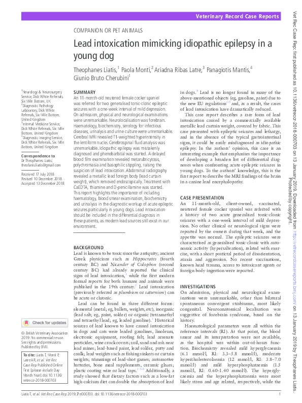 (PDF) Lead intoxication mimicking idiopathic epilepsy in a young dog