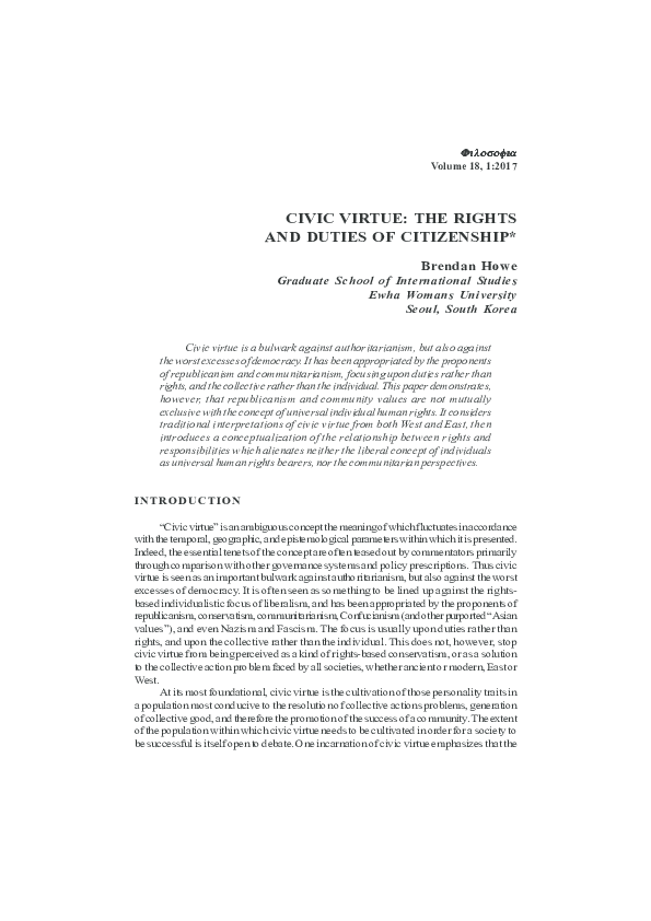 (PDF) CIVIC VIRTUE: THE RIGHTS AND DUTIES OF CITIZENSHIP
