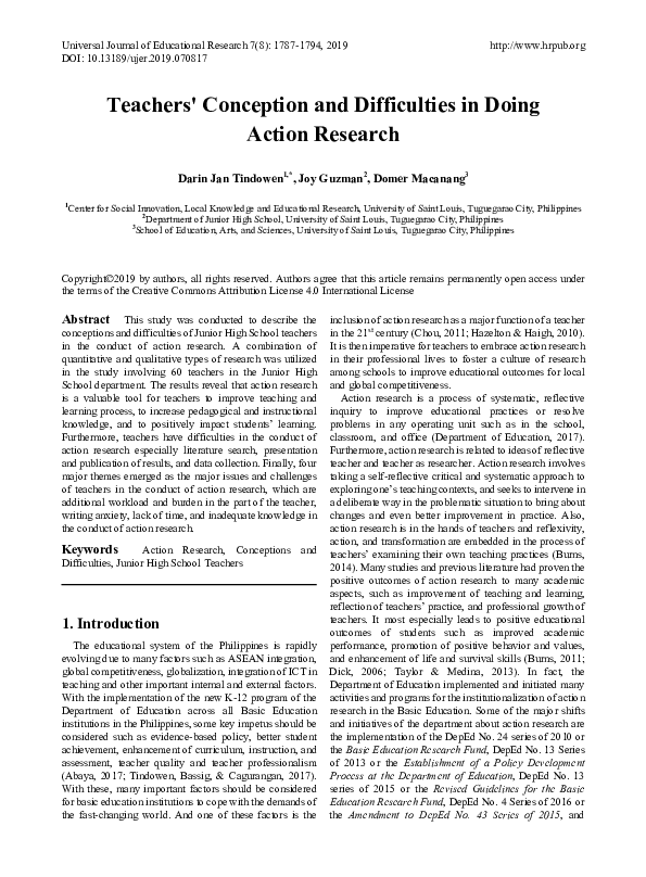 (PDF) Teachers' Conception and Difficulties in Doing Action Research