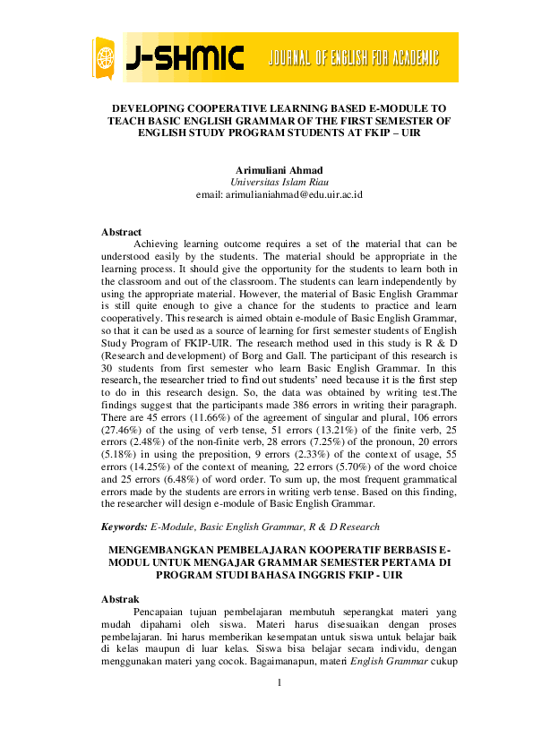 (PDF) DEVELOPING COOPERATIVE LEARNING BASED E-MODULE TO TEACH BASIC ENGLISH GRAMMAR OF THE FIRST ...