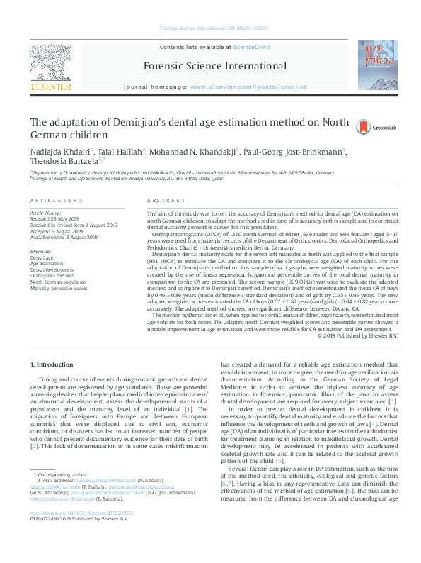 (PDF) The adaptation of Demirjian's dental age estimation method on North German children