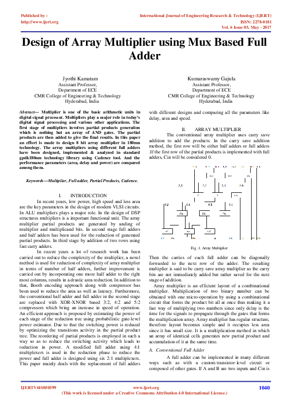 Pdf Ijert Design Of Array Multiplier Using Mux Based Full Adder Ijert Journal