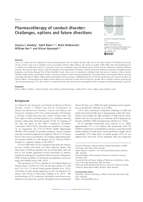 (PDF) Pharmacotherapy of conduct disorders