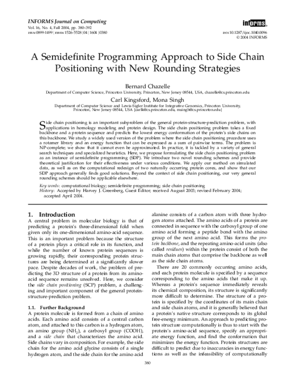 Pdf A Semidefinite Programming Approach To Side Chain Positioning With New Rounding Strategies