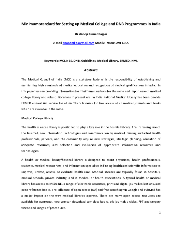 (PDF) Minimum standard for Setting up Medical College and DNB ...