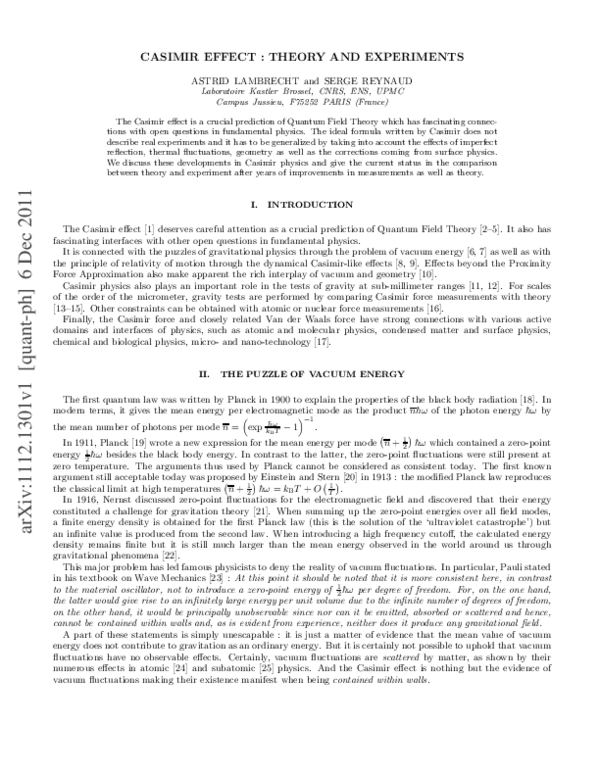 (PDF) Casimir Effect: Theory and Experiments