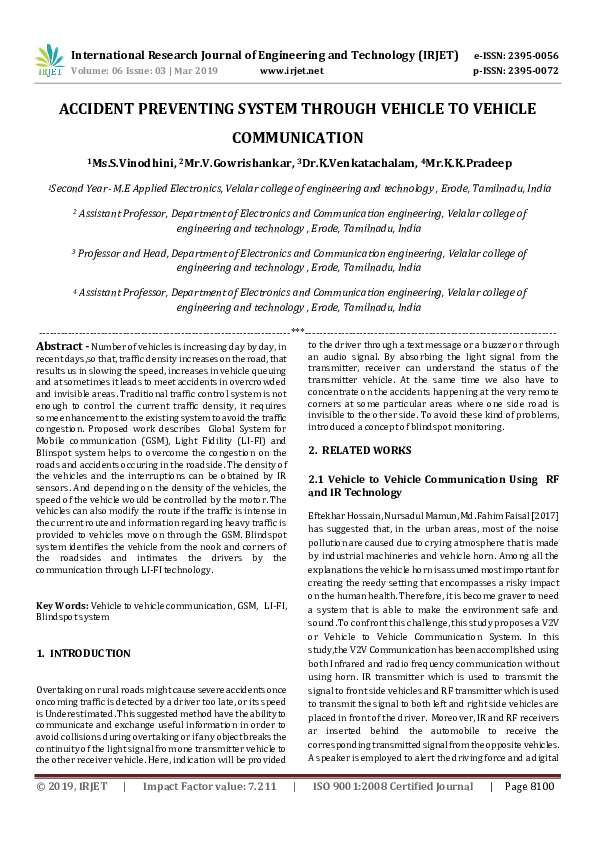 (PDF) IRJET- ACCIDENT PREVENTING SYSTEM THROUGH VEHICLE TO VEHICLE ...