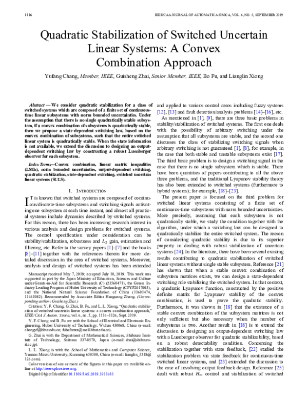 (PDF) Quadratic Stabilization of Switched Uncertain Linear Systems: A Convex Combination Approach