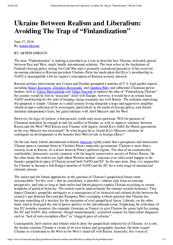 (PDF) Ukraine Between Realism and Liberalism: Avoiding The Trap of ...