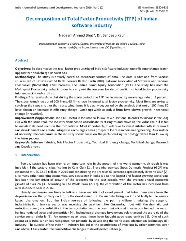 (PDF) Decomposition of Total Factor Productivity (TFP) of Indian software industry