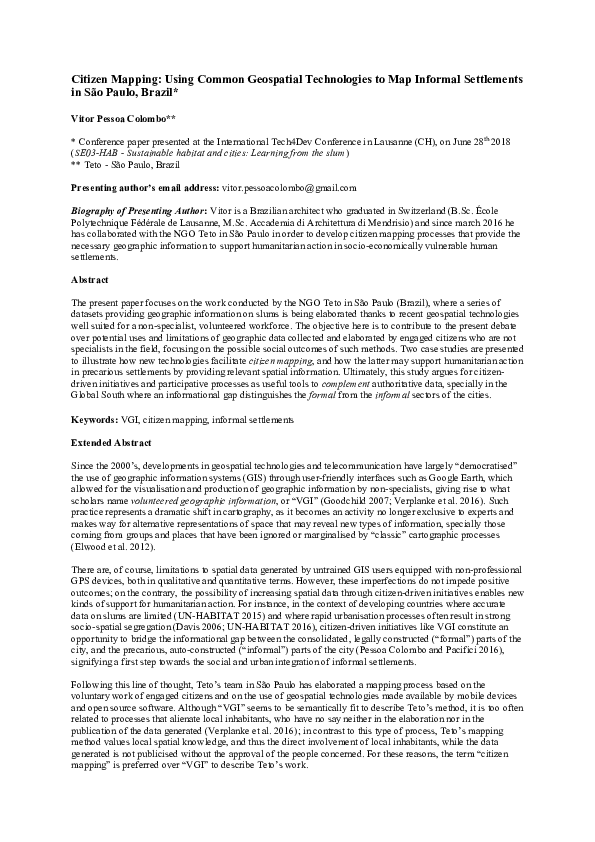 Pdf Citizen Mapping Using Common Geospatial Technologies To Map Informal Settlements In São