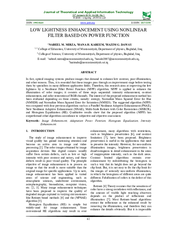 Pdf Low Lightness Enhancement Using Nonlinear Filter Based On Power