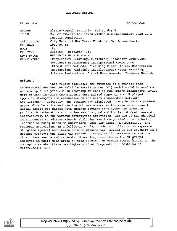 (PDF) Use of Kinesic Abilities with a Complementary Dyad in a Special ...