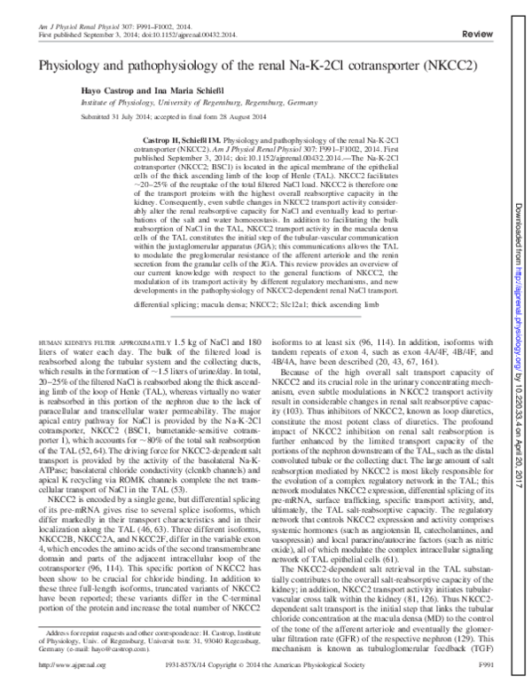 (PDF) Physiology and pathophysiology of the renal Na-K-2Cl ...