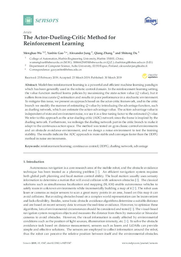 Pdf The Actor Dueling Critic Method For Reinforcement Learning Mudassir Ejaz