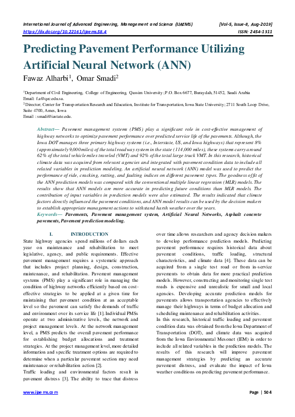 (PDF) Predicting Pavement Performance Utilizing Artificial Neural Network (ANN)
