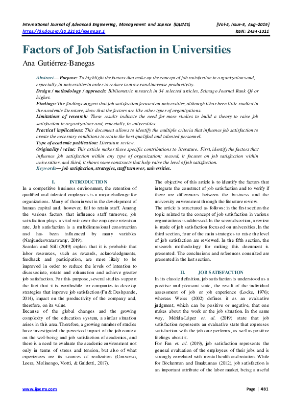 (PDF) Factors of Job Satisfaction in Universities