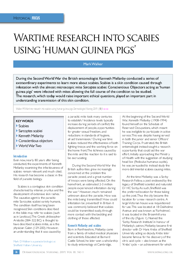 (PDF) Wartime research into scabies using ‘human guinea pigs’