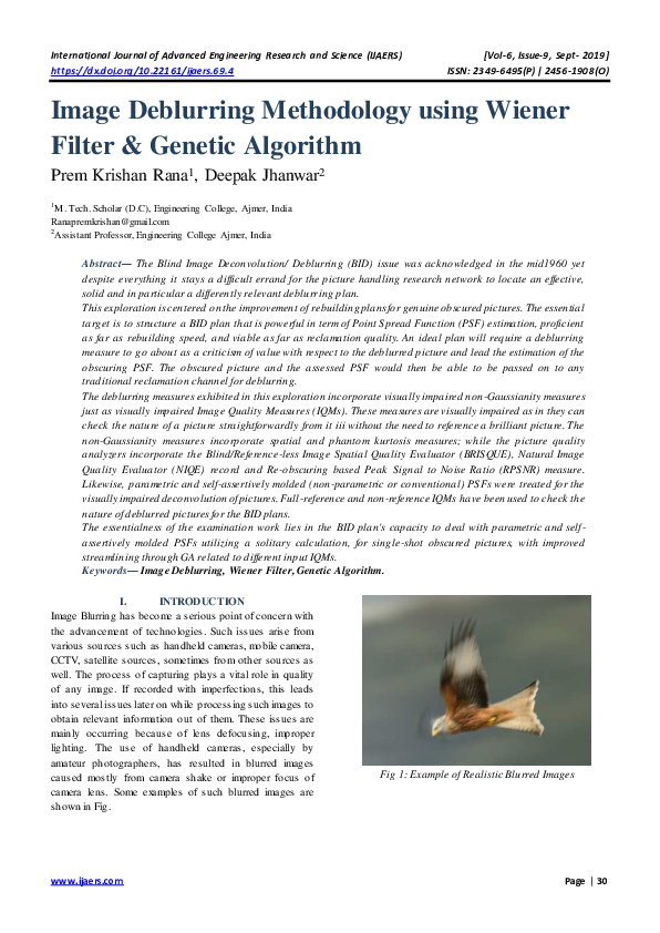 Pdf Image Deblurring Methodology Using Wiener Filter And Genetic Algorithm