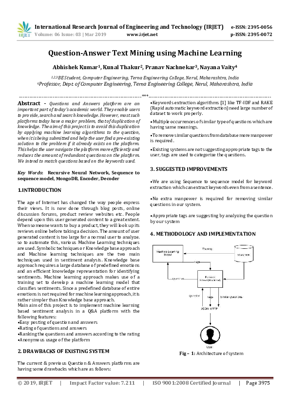 (PDF) IRJET- Question-Answer Text Mining using Machine Learning | IRJET ...