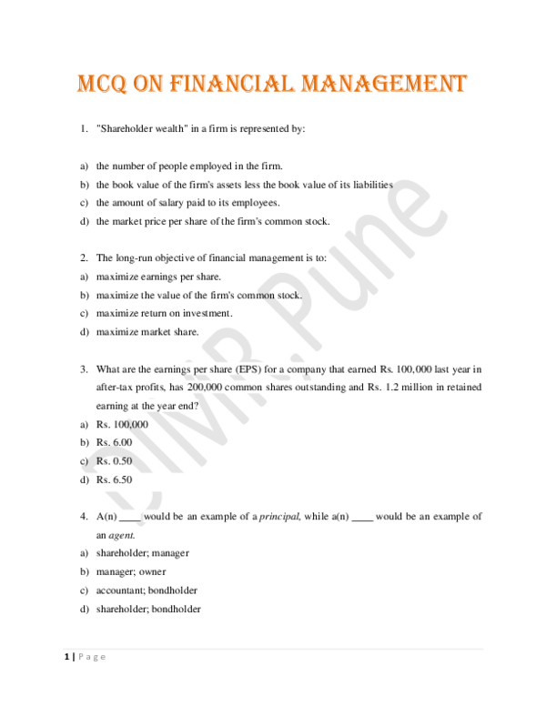 (PDF) MCQ on Financial Management