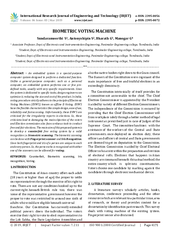 (PDF) IRJET- BIOMETRIC VOTING MACHINE | IRJET Journal - Academia.edu
