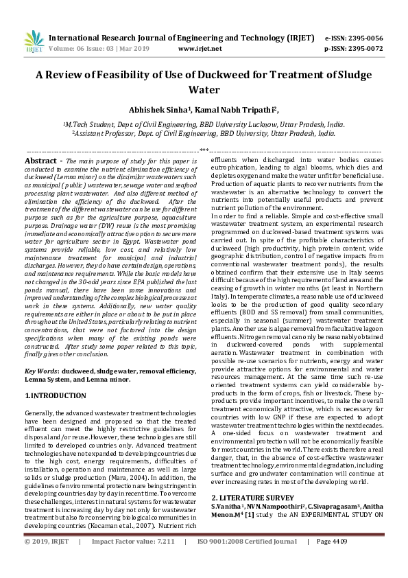 (PDF) IRJET- A Review of Feasibility of Use of Duckweed for Treatment of Sludge Water
