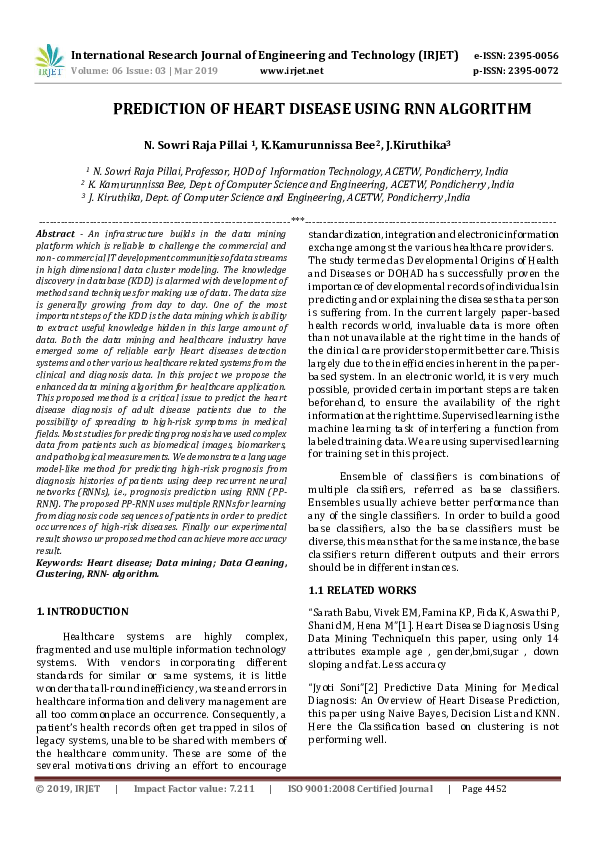 (PDF) IRJET- PREDICTION OF HEART DISEASE USING RNN ALGORITHM
