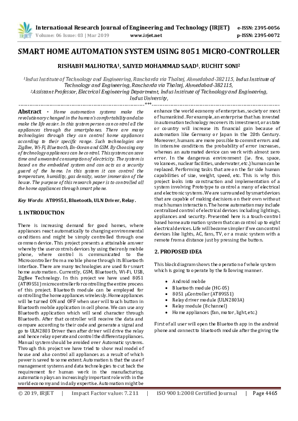(PDF) IRJET- SMART HOME AUTOMATION SYSTEM USING 8051 MICRO-CONTROLLER