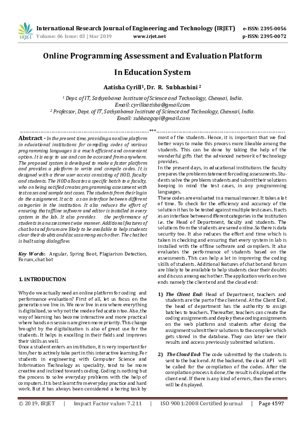 (PDF) IRJET- Online Programming Assessment and Evaluation Platform In ...