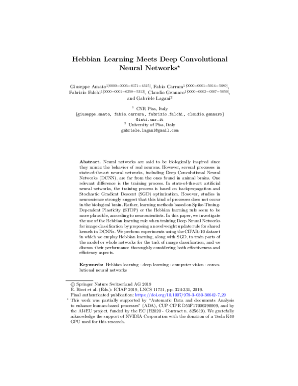 Pdf Hebbian Learning Meets Deep Convolutional Neural Networks 