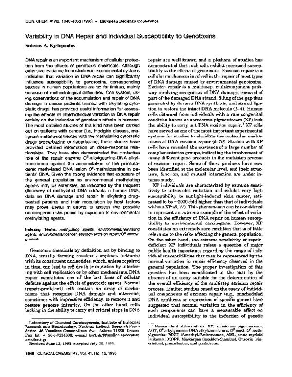 (PDF) Variability in DNA repair and individual susceptibility to genotoxins