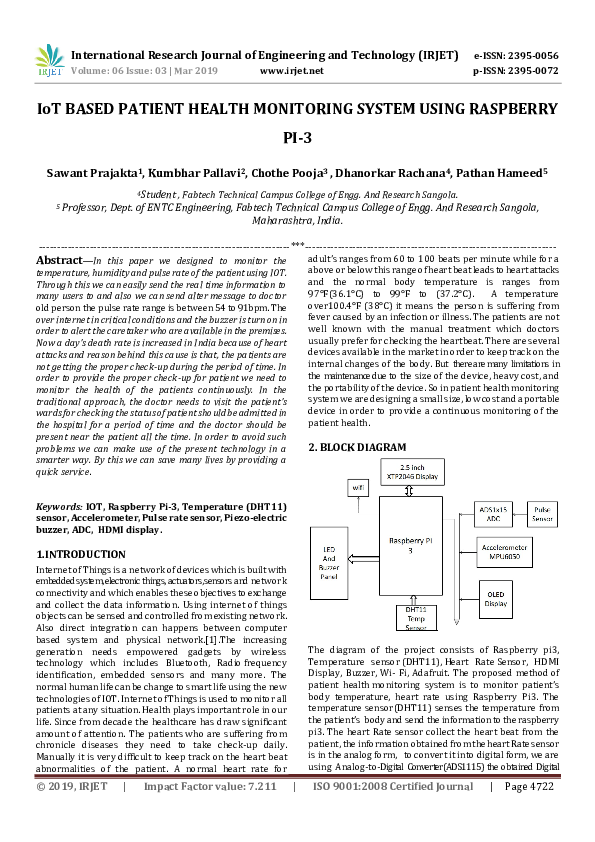 Pdf Irjet Iot Based Patient Health Monitoring System Using Raspberry Pi 3