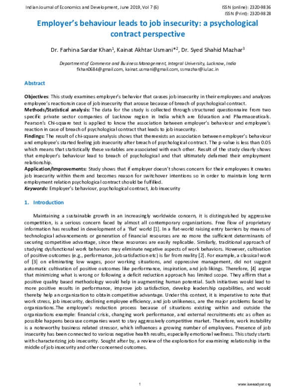 (PDF) Employer's behaviour leads to job insecurity: a psychological ...