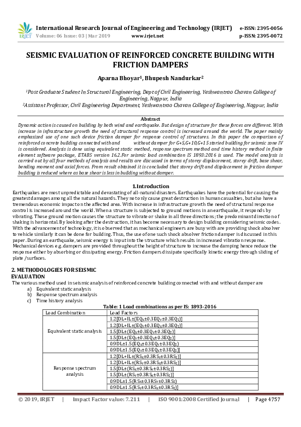 Pdf Irjet Seismic Evaluation Of Reinforced Concrete Building With Friction Dampers Irjet