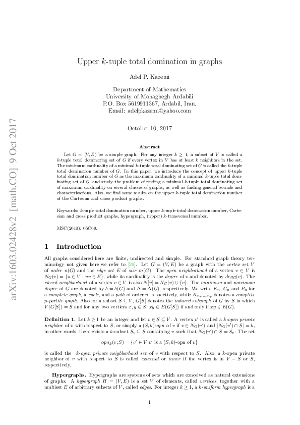 (PDF) Upper k-Tuple Total Domination in Graphs