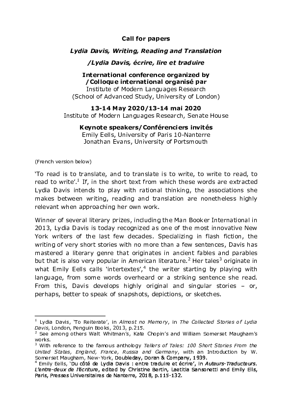 (PDF) CFP Lydia Davis Writing Reading and Translation