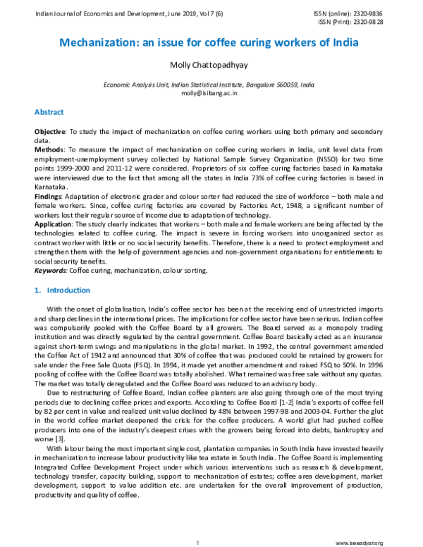 (PDF) Mechanization: an issue for coffee curing workers of India