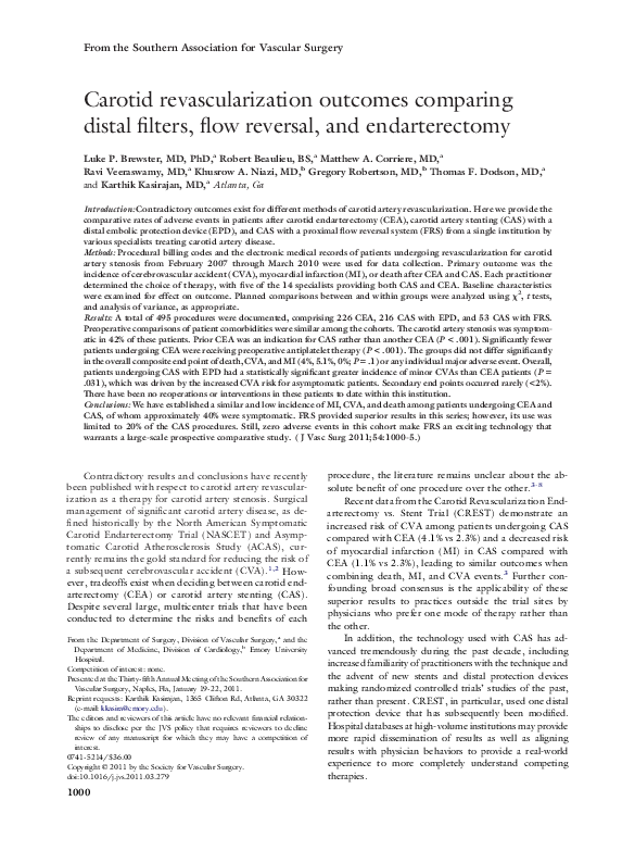 (PDF) Carotid revascularization outcomes comparing distal filters, flow ...