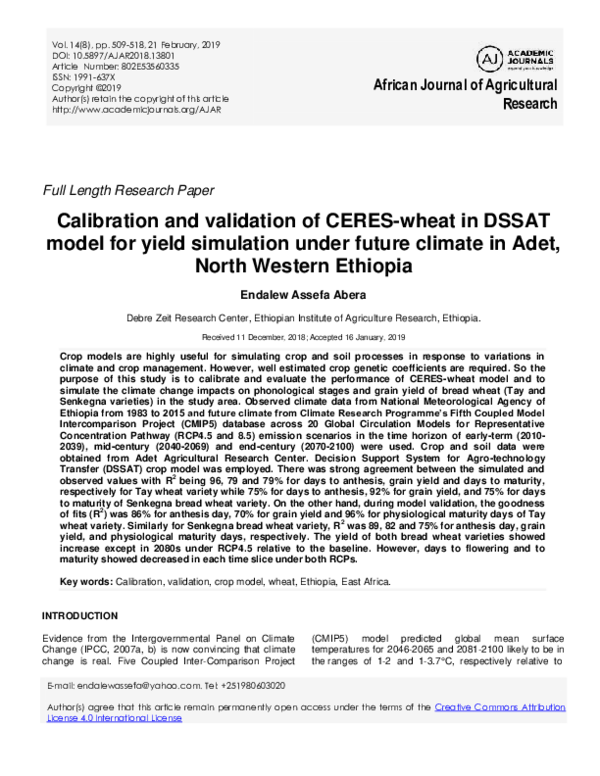 Pdf Calibration And Validation Of Ceres Wheat In Dssat Model For