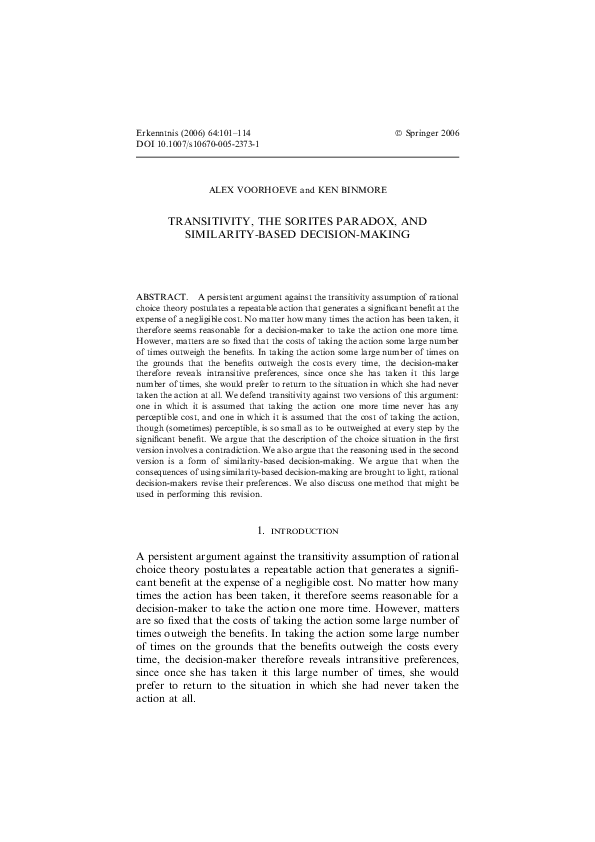 (PDF) TRANSITIVITY, THE SORITES PARADOX, AND SIMILARITY-BASED DECISION ...