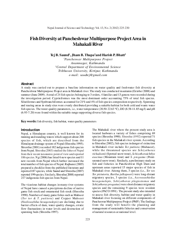 (PDF) Fish Diversity at Pancheshwar Multipurpose Project Area in ...