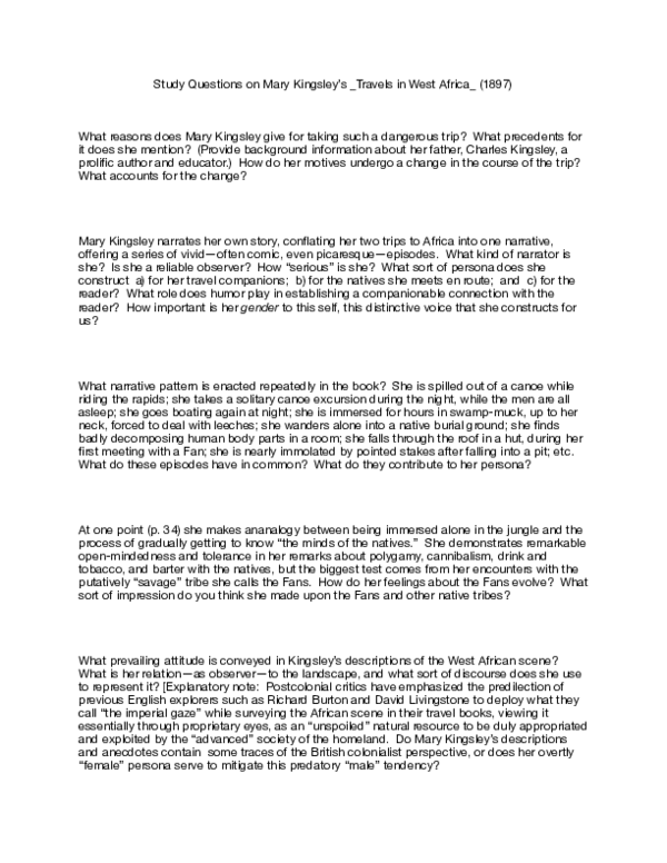 (PDF) Study Questions on Mary Kingsley's _Travels in West Africa_ (1897)