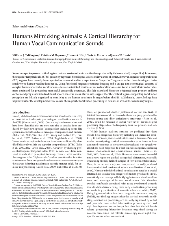 (PDF) Humans Mimicking Animals: A Cortical Hierarchy for Human Vocal ...