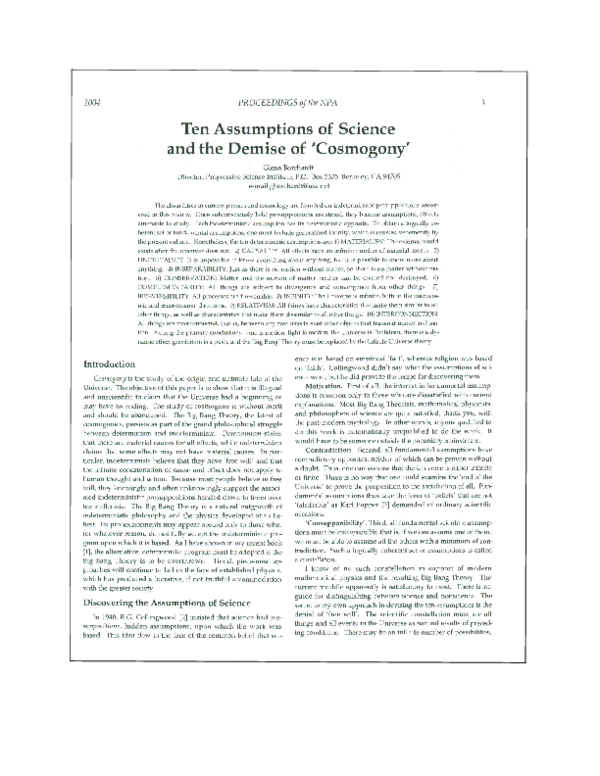 (PDF) Ten Assumptions of Science and the Demise of 'Cosmogony