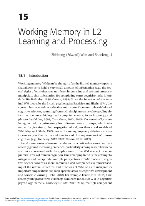 (PDF) Wen, Z., & Li, S. (2019). Working memory in L2 learning and processing. In J. Schwieter ...